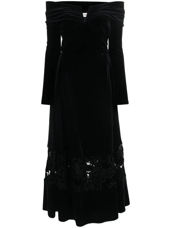 NISSA Lace-detailing Velvet-finish Midi Dress