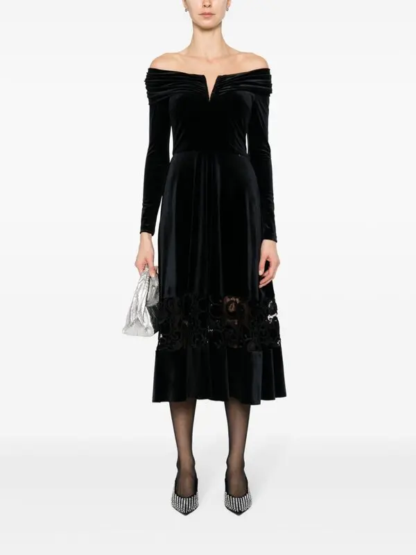 NISSA Lace-detailing Velvet-finish Midi Dress