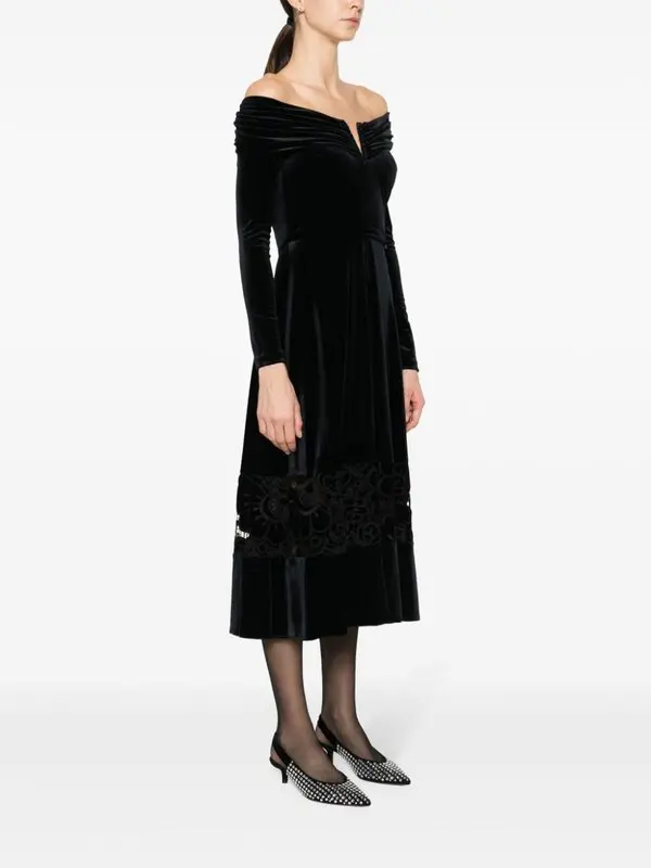 NISSA Lace-detailing Velvet-finish Midi Dress