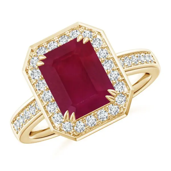 Angara Emerald-cut Ruby Engagement Ring With Diamond Halo 9x7mm - Yellow Gold/dark Red