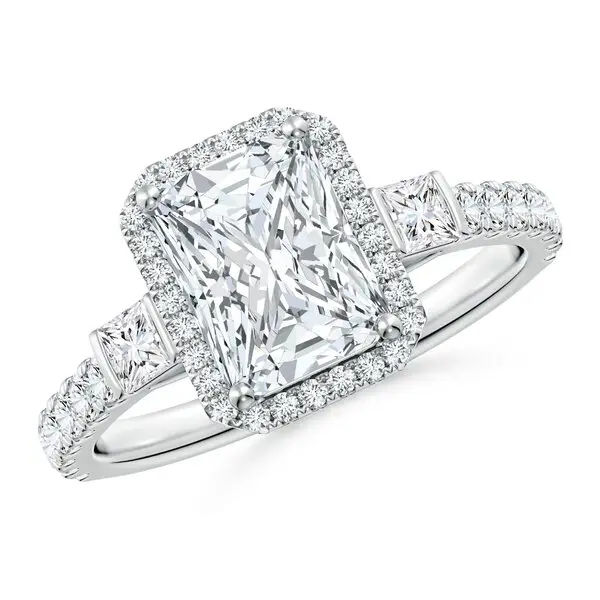 Angara Lab-grown Radiant-cut Diamond Side Stone Halo Engagement Ring 8x6mm