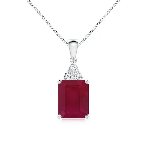 Angara Emerald-cut Ruby Pendant With Diamond Trio 10x8mm - Silver/dark Red