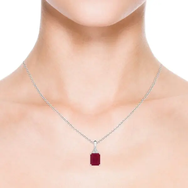 Angara Emerald-cut Ruby Pendant With Diamond Trio 10x8mm - Silver/dark Red