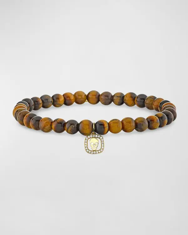 SYDNEY EVAN Tiger's Eye Beaded Bracelet With Diamond Charm - Tigers Eye