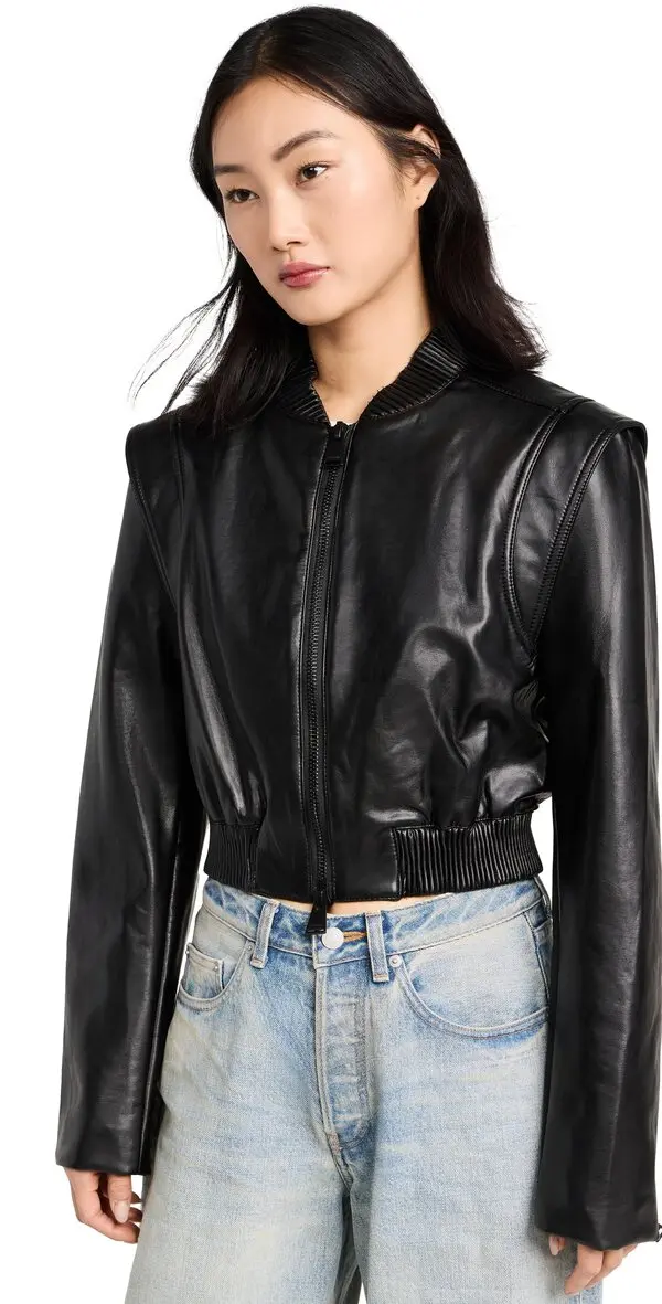 Simkhai Doreen Luxe Vegan Leather Bomber Jacket - Black