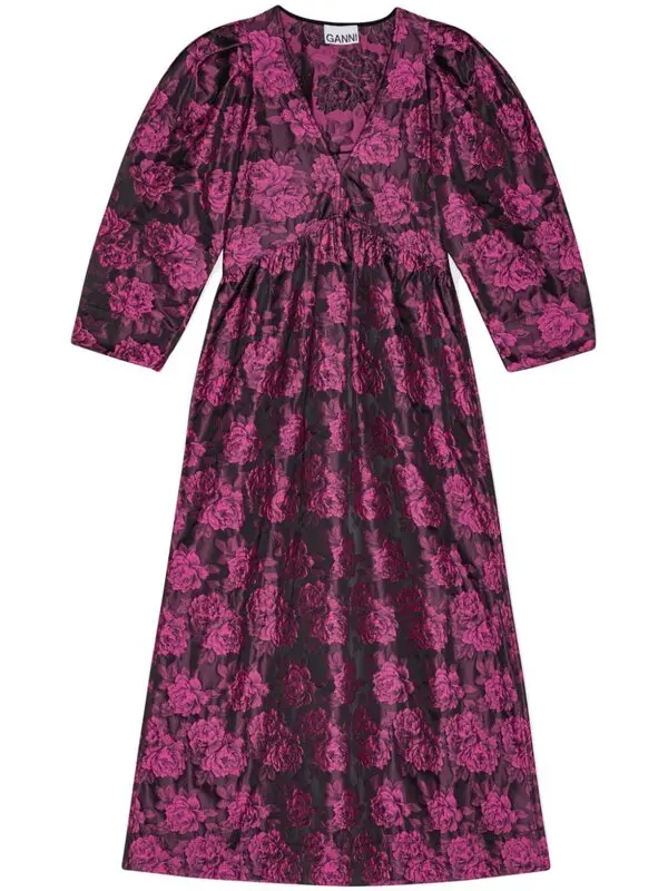 GANNI Botanical-jacquard Puff-sleeves Midi Dress