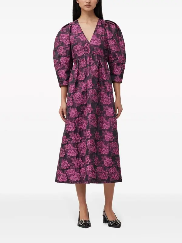 GANNI Botanical-jacquard Puff-sleeves Midi Dress