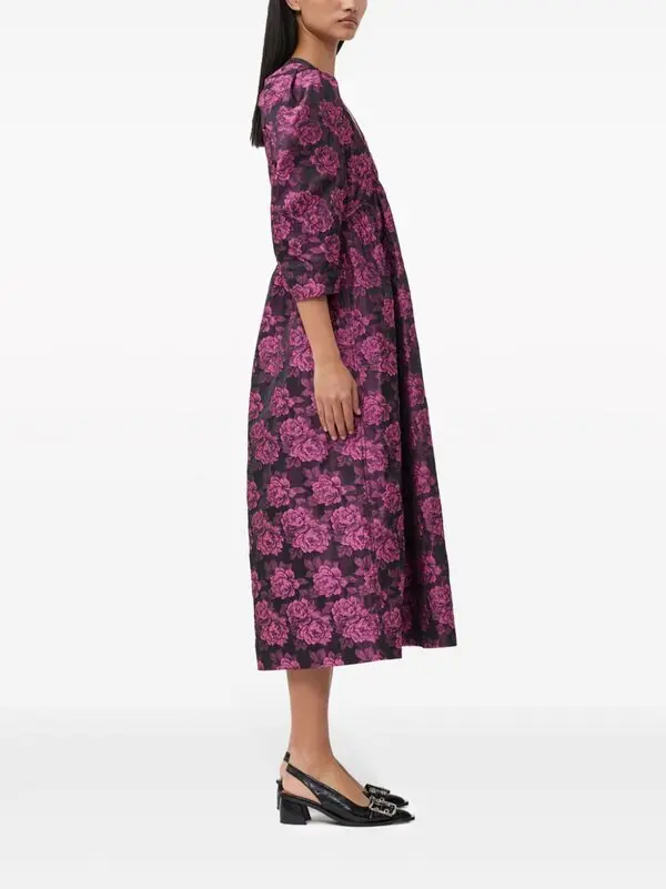 GANNI Botanical-jacquard Puff-sleeves Midi Dress