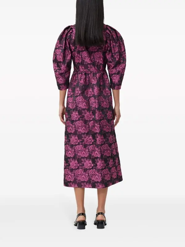 GANNI Botanical-jacquard Puff-sleeves Midi Dress