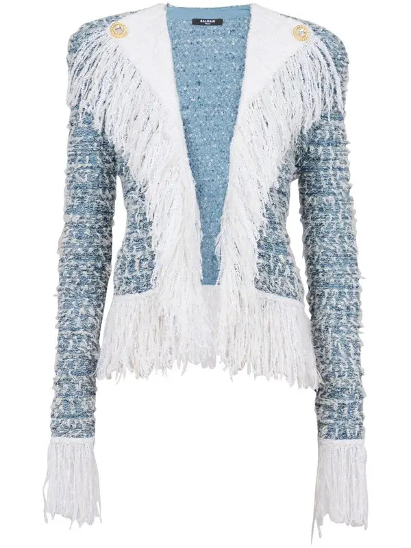 Balmain Fringed Denim Tweed Jacket - Blue