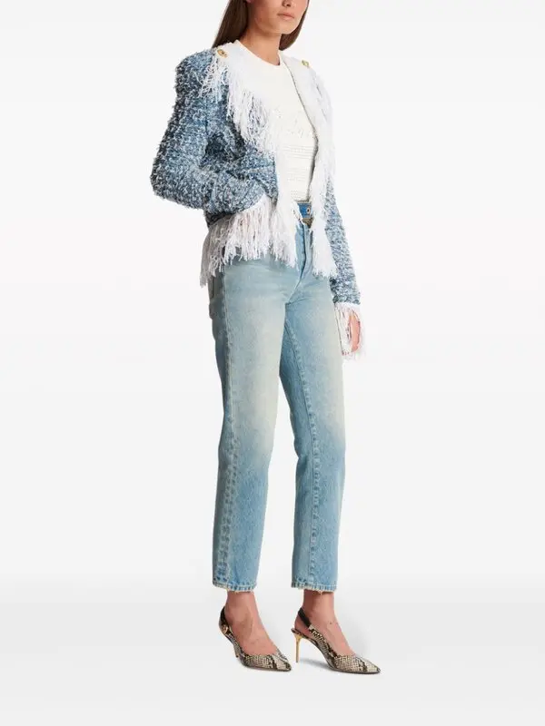 Balmain Fringed Denim Tweed Jacket
