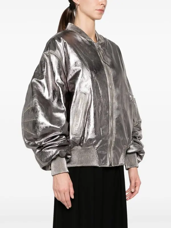 Attico Anja Metallic Leather Bomber Jacket - Silver