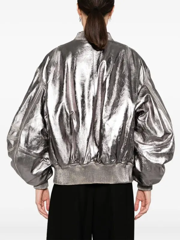 Attico Anja Metallic Leather Bomber Jacket - Silver