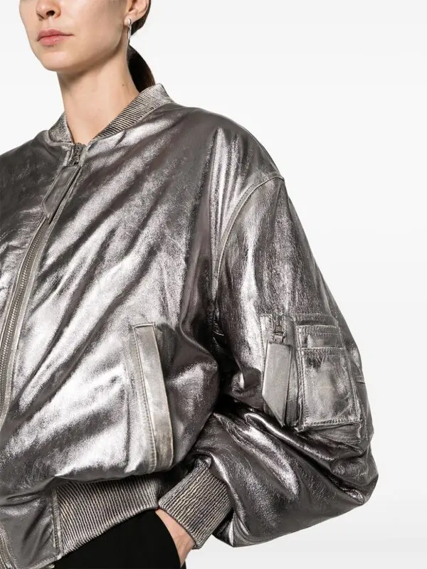 Attico Anja Metallic Leather Bomber Jacket - Silver