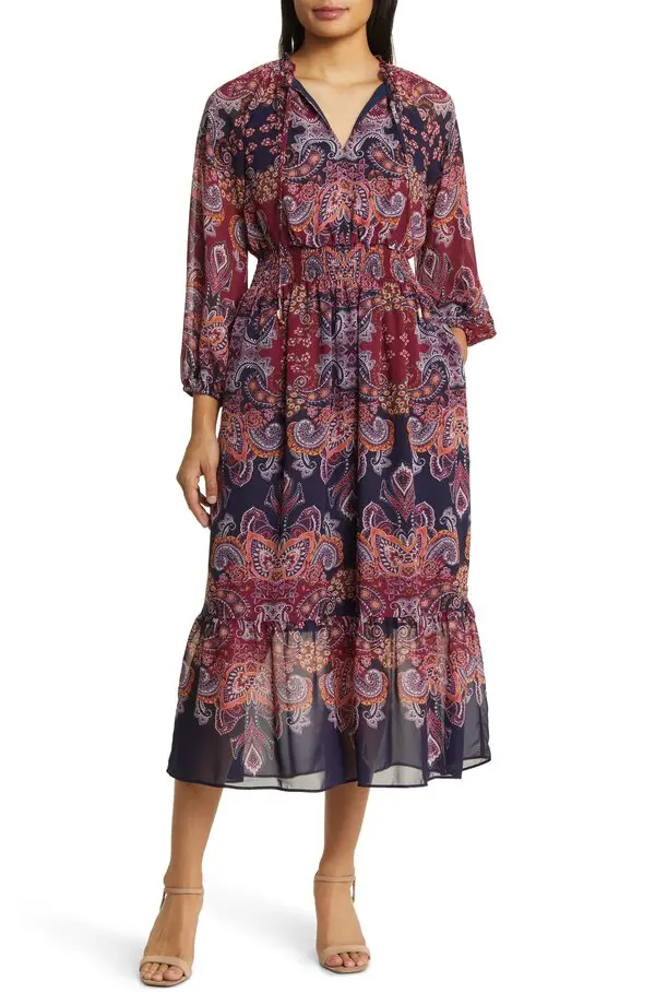 Vince Camuto Paisley Long Sleeve Chiffon Midi Dress In Navy Multi - 52% Off  | Editorialist