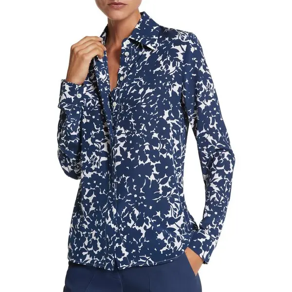 Michael Kors Hansen Floral Organic Silk Crêpe De Chine Shirt - Optic White/navy