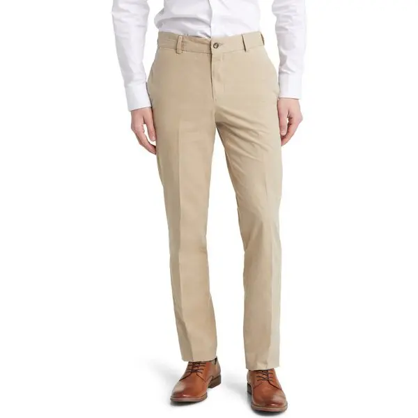 Berle Trim Fit Cotton Poplin Dress Pants - Khaki