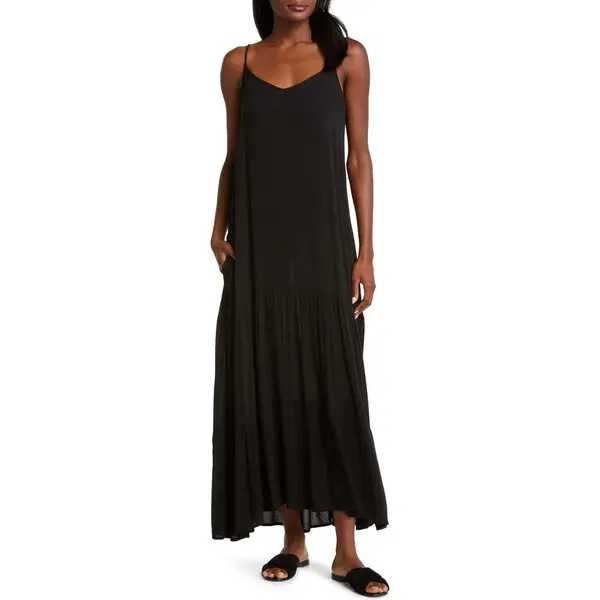 Elan Tiered Gauze Cover-up Maxi Dress - Black