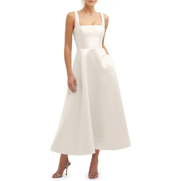 Dessy Collection Square Neck Sateen Midi Gown - Ivory
