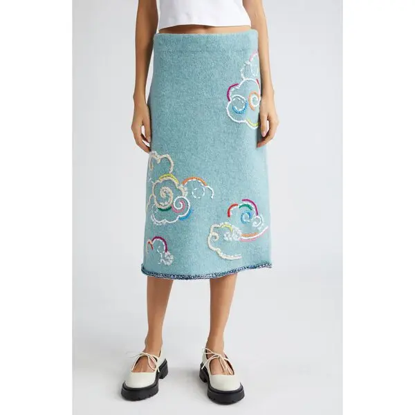 YANYAN Cloud Embroidered Wool Blend Skirt