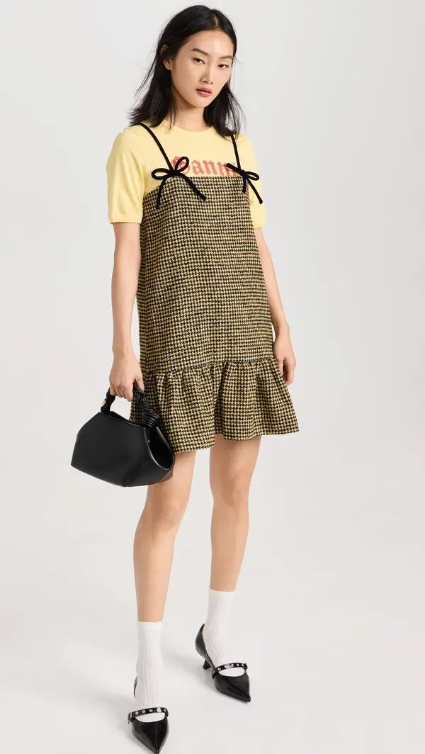 Ganni Woollen Check Mini Dress In Blazing Yellow - 40% Off 
