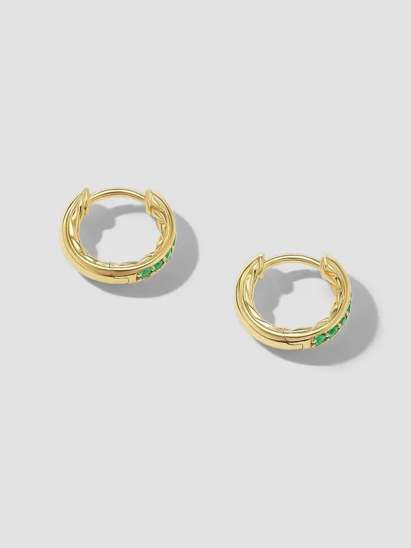 David Yurman Petite Pavé Huggie Hoop Earrings In 18k Yellow Gold - Emerald