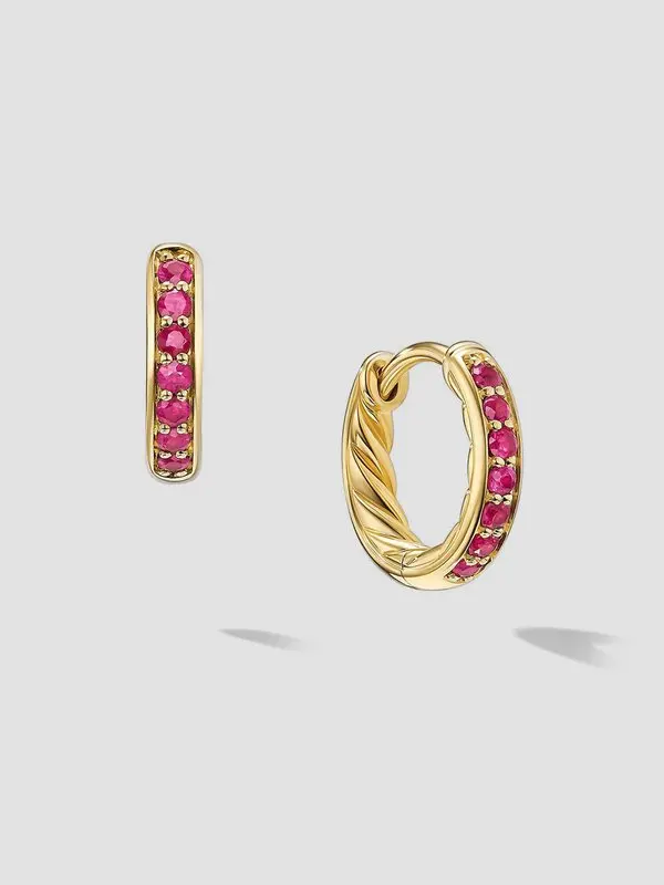 David Yurman Petite Pavé Huggie Hoop Earrings In 18k Yellow Gold - Ruby