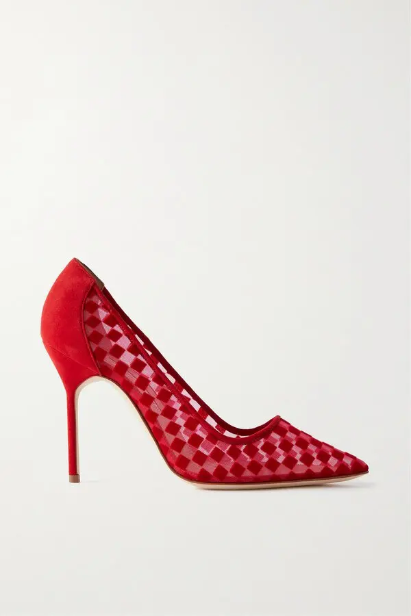 Manolo Blahnik Bbla 105 Suede And Flocked Mesh Pumps