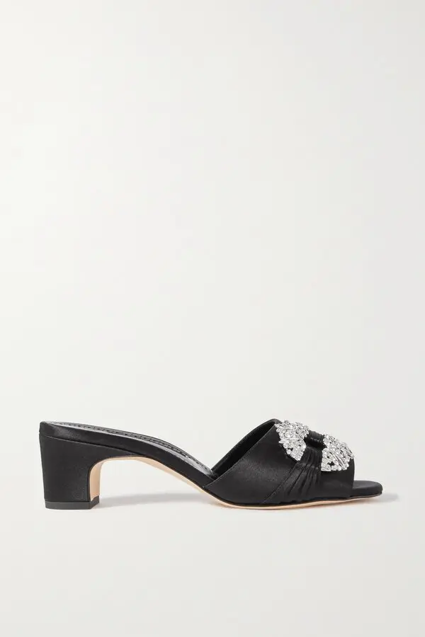 Manolo Blahnik Prinap 50 Crystal-embellished Ruched Satin Mules