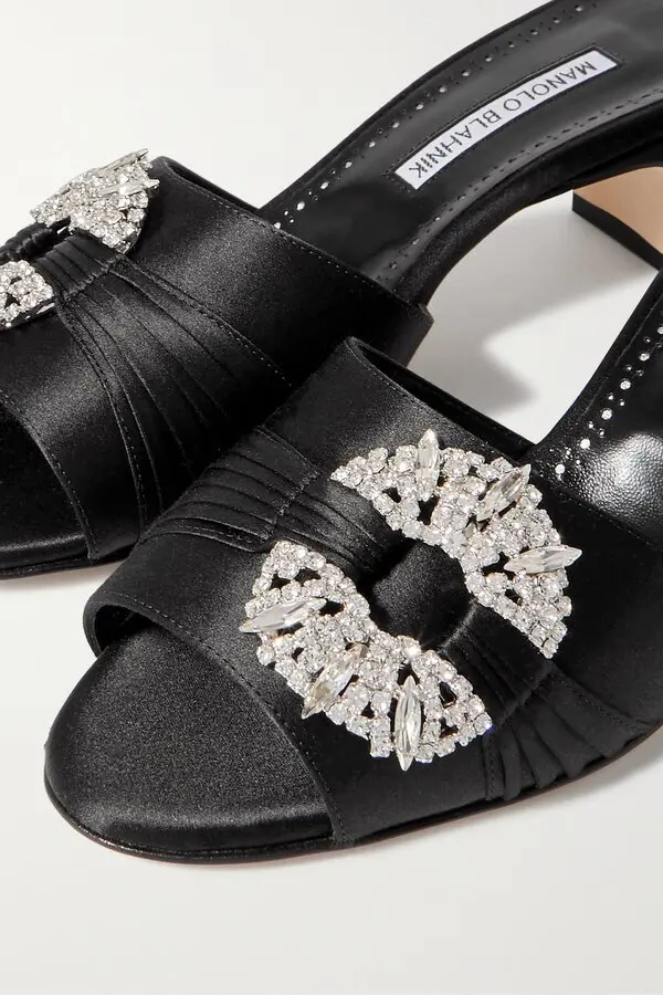Manolo Blahnik Prinap 50 Crystal-embellished Ruched Satin Mules