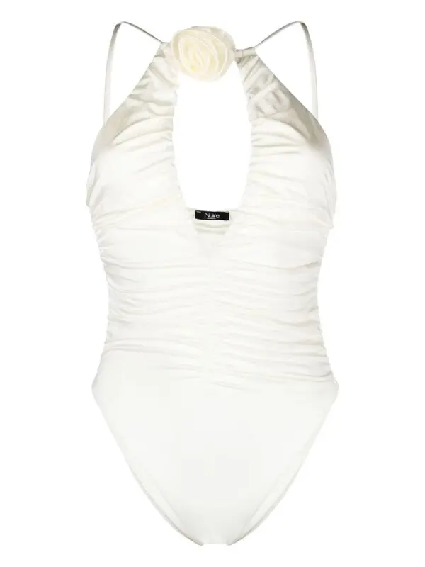 NOIRE SWIMWEAR Floral-appliqué Ruched Swimsuit - White