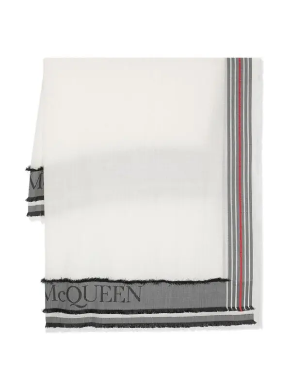 Alexander McQueen Logo-intarsia Frayed Wool Blend Scarf - White