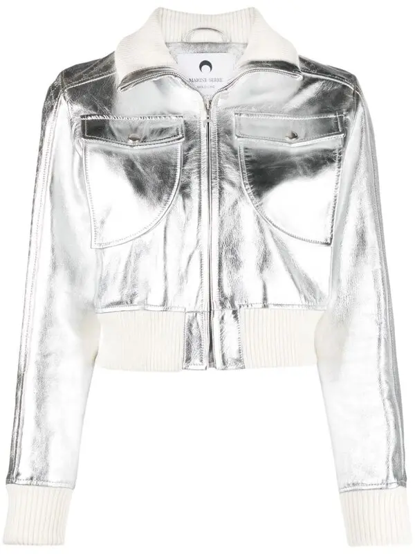 MARINE SERRE Moonogram-pattern Laminated Leather Jacket - Silver