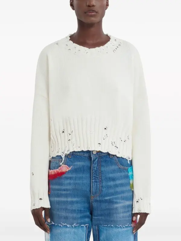 Marni Cropped Distressed Jumper - White