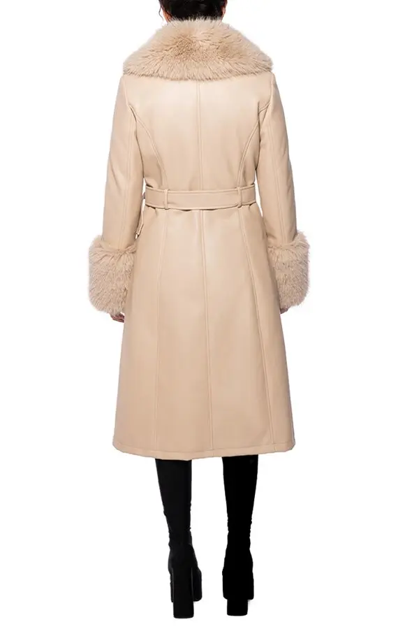 Azalea Wang Belted Faux Fur Trim Faux Leather Trench Coat Beige