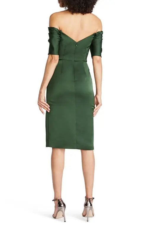 Theia Holland Pleated Off The Shoulder Satin Cocktail Dress - Moss Green |  Editorialist
