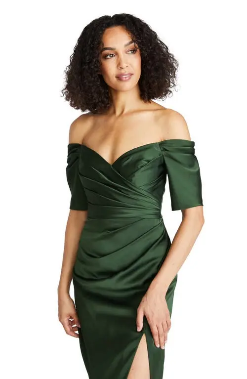 Theia Holland Pleated Off The Shoulder Satin Cocktail Dress - Moss Green |  Editorialist