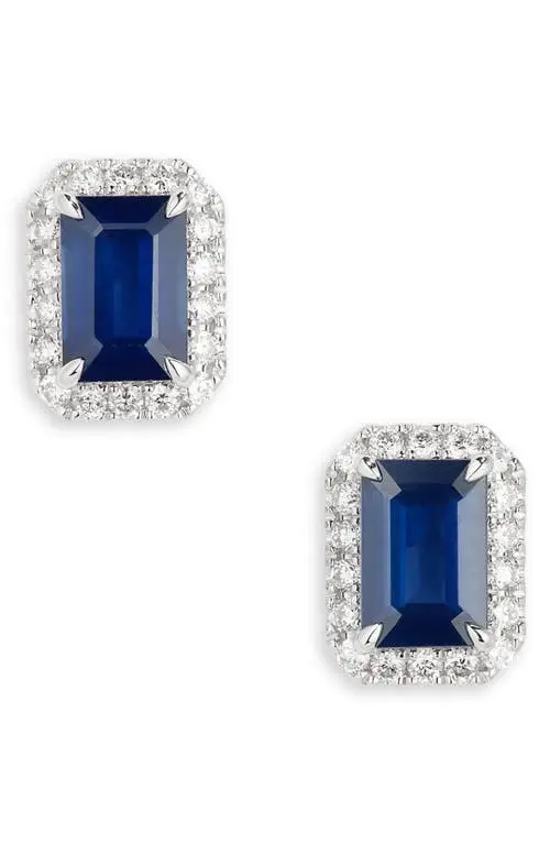 VALANI ATELIER Sapphire & Diamond Halo Stud Earrings - 14k White Gold