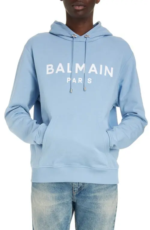 Balmain Organic Cotton Logo Graphic Hoodie - Slj Pale Blue/white