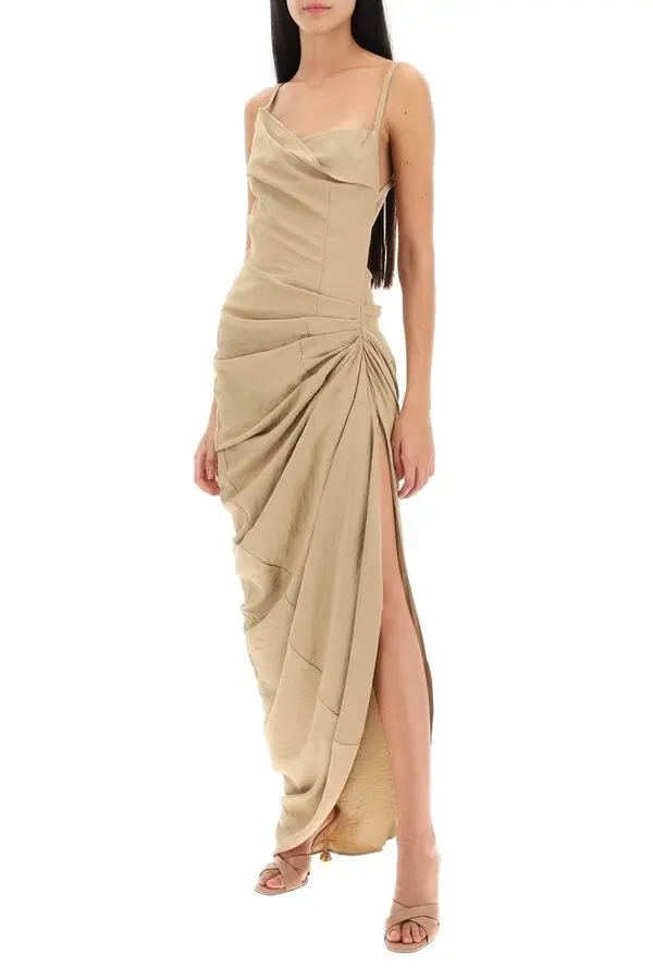 jacquemus saudade asymmetric draped twill dress JACQUEMUS La Saudade Longue Brode Asymmetric Draped Embroidered Woven Maxi  Dress