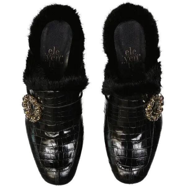 Eleventy Leather Fur Mules
