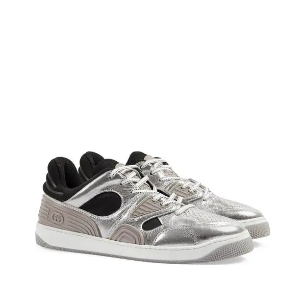 Gucci Silver & Black Leather Basket Sneaker (NEW!) Gucci Black Leather Silver Metallic High-top Sneakers - 42  main image 4