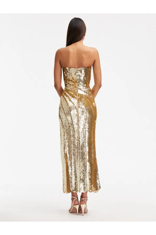 Oscar De La Renta Sequin Wave &Amp Scallop Detail Dress - Gold |  Editorialist