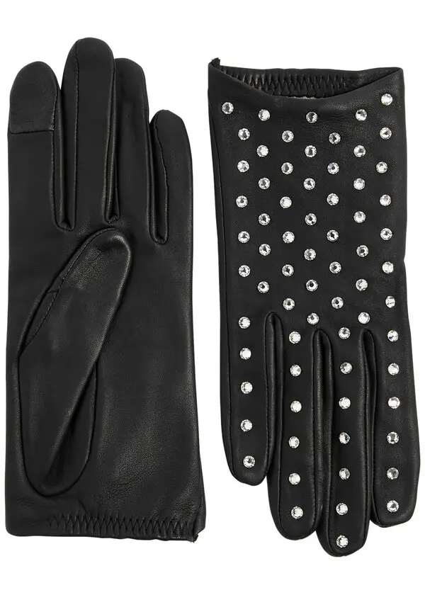 AGNELLE Kate Crystal-embellished Leather Gloves - Black
