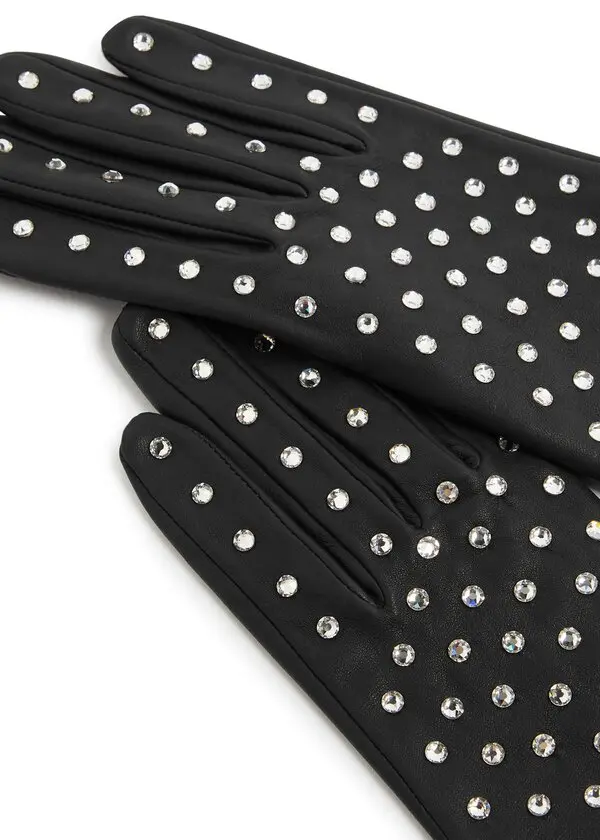 AGNELLE Kate Crystal-embellished Leather Gloves - Black