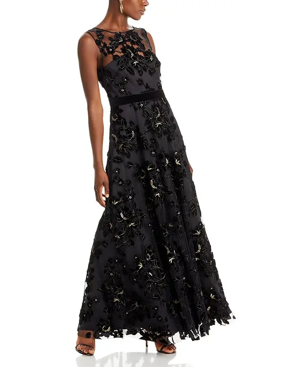 Eliza J Flocked Tulle Gown - Black