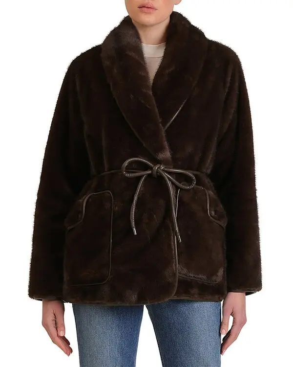 Avec Les Filles Faux Fur Belted Robe Coat - Espresso
