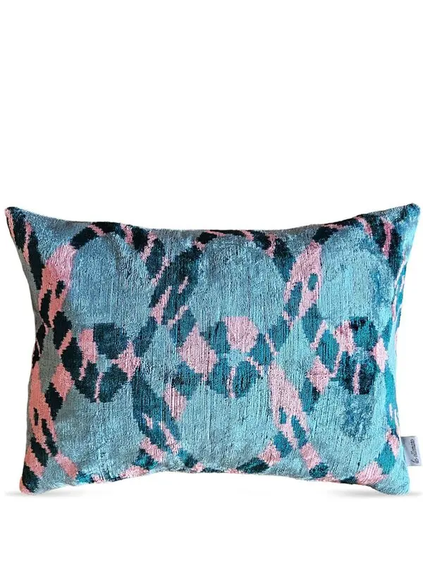 LES-OTTOMANS Geometric-pattern Print Velvet Cushion - Blue
