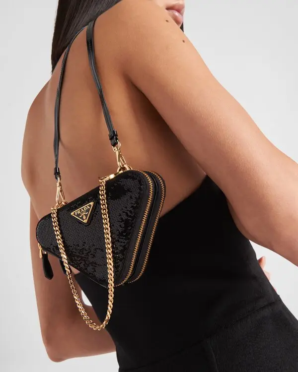 Prada Triangular Sequined Mini Pouch - Black | Editorialist