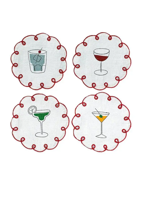 MISETTE Embroidered Linen Coaster Set Of 4 - Red  Blue  Amber  & Green